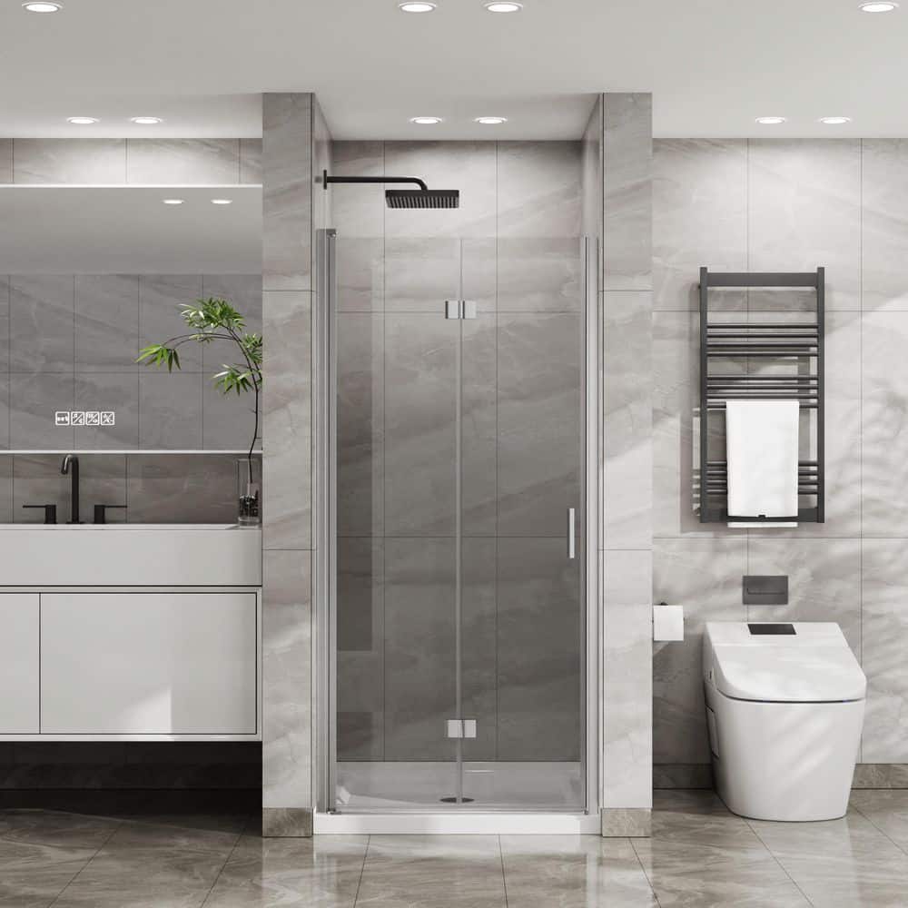 WELLFOR 34 in. W x 72 in. H Bifold Frameless Shower Door with Tempered ...