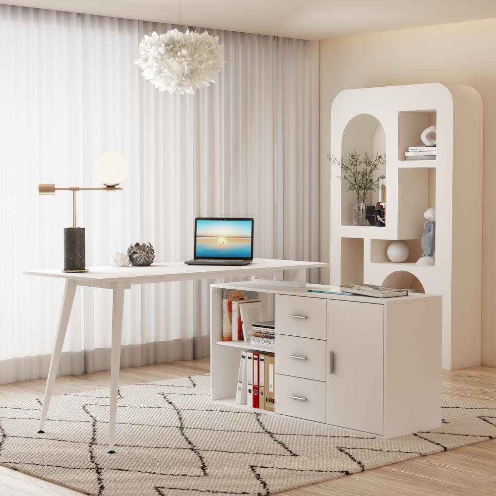 FUFU&GAGA 55.1 in. W L-Shaped White Wooden 3-Drawer Computer Desk ...