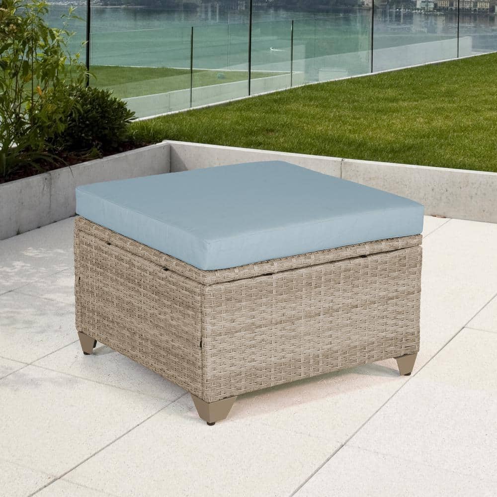 TK CLASSICS Maui Wicker Outdoor Ottoman with Sky Blue Cushion TKC016B-O ...