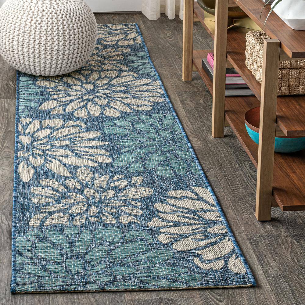 JONATHAN Y Navy/Aqua 2 ft. x 20 ft. Runner Zinnia Modern Floral ...