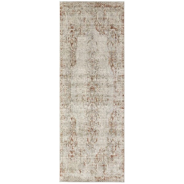 HomeRoots 2 ft. x 10 ft. Ivory, Gray, Brown Abstract Runner Rug ...