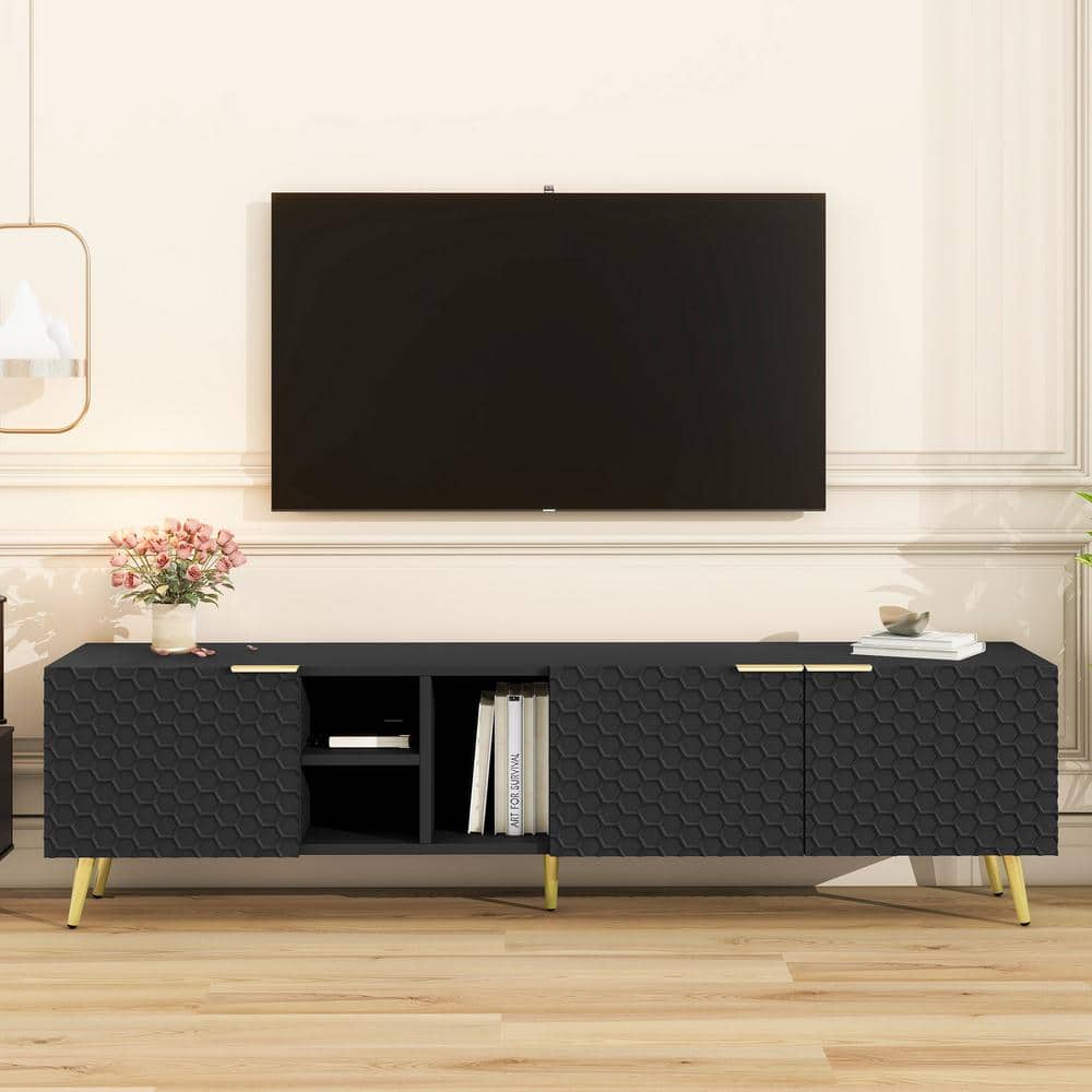 Polibi Modern Black/Gold TV Stand Fits TV's Up to 80 in. with Metal ...