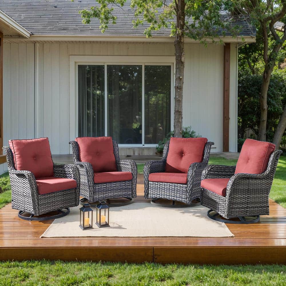 moosprr Arcline 4-Piece Gray Wicker Outdoor Swivel Glider Chair with ...