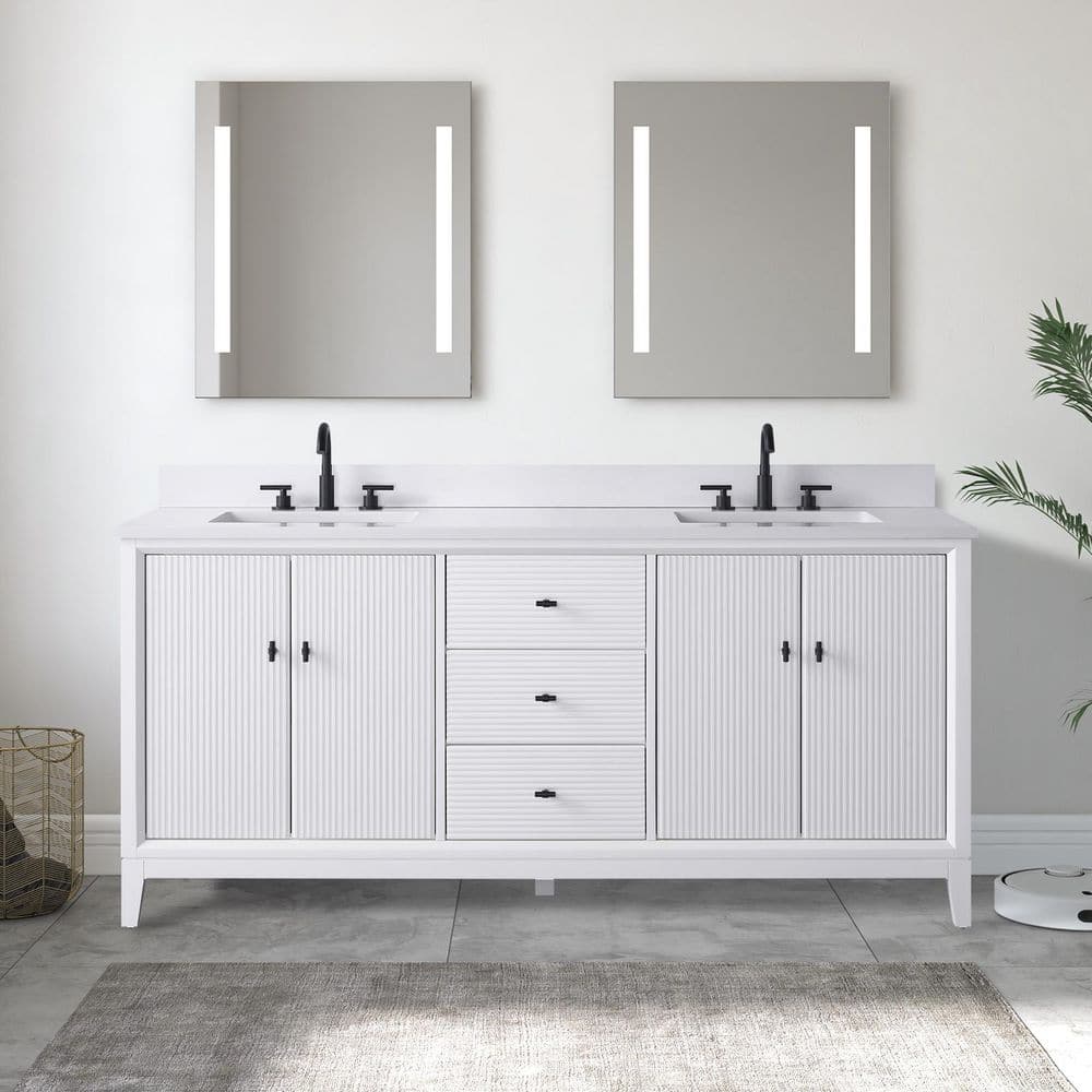 Vanity Art 72 in. W x 22 in. D Double Sink Freestanding White Bath Vanity Cabinet with White ...