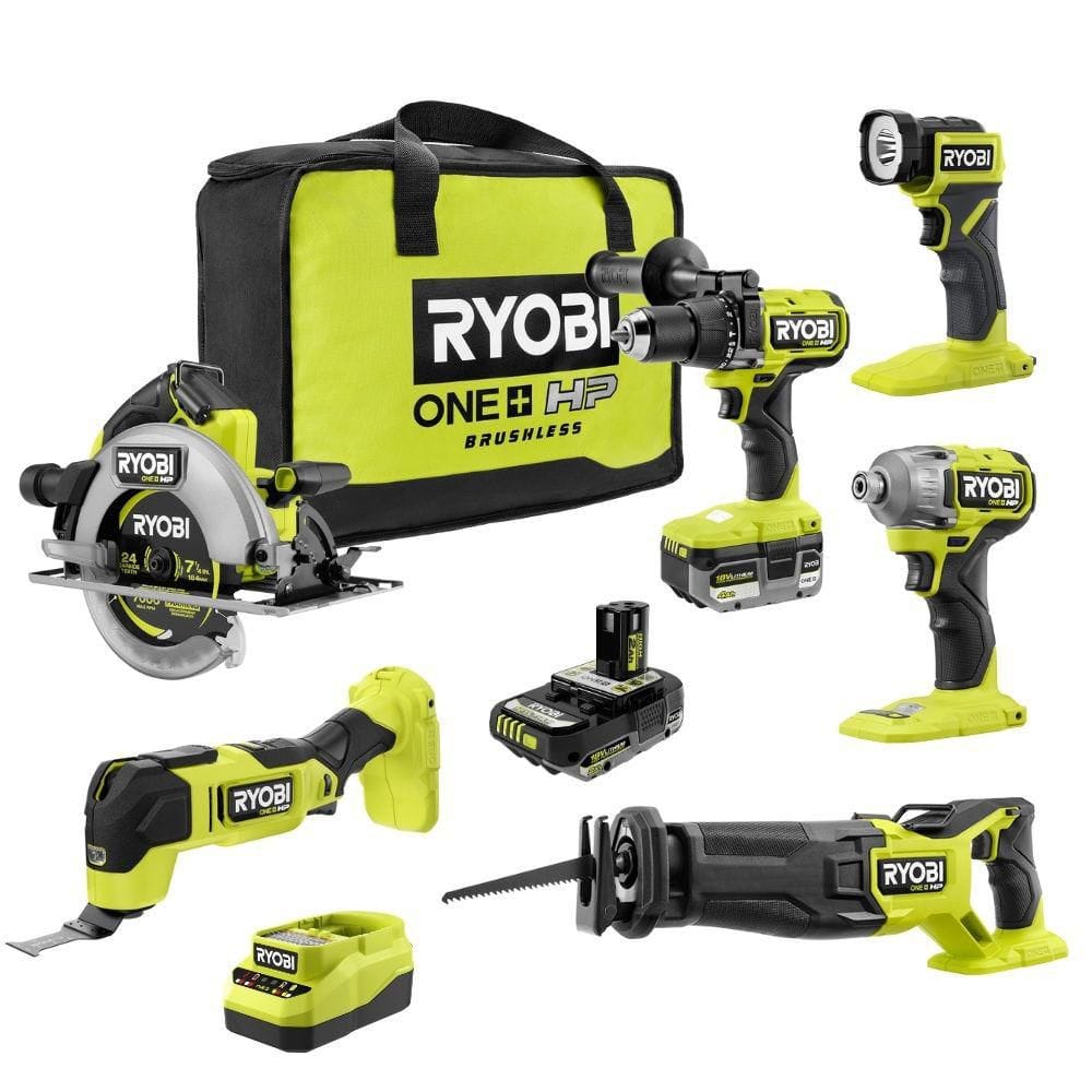 RYOBI ONE+ 18V Cordless 6-Tool Combo Kit with (2) Batteries, Charger ...