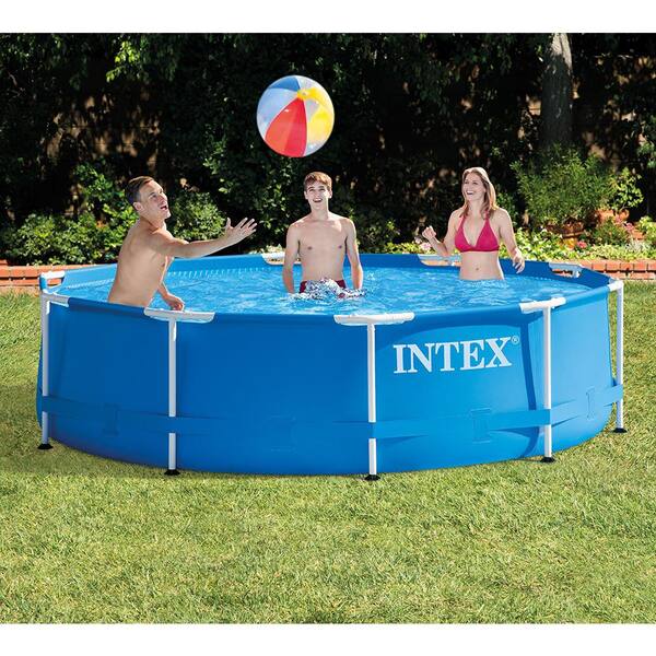 Intex 10 ft. Round x 30 in. D Metal Frame Above Ground Pool with 330 ...