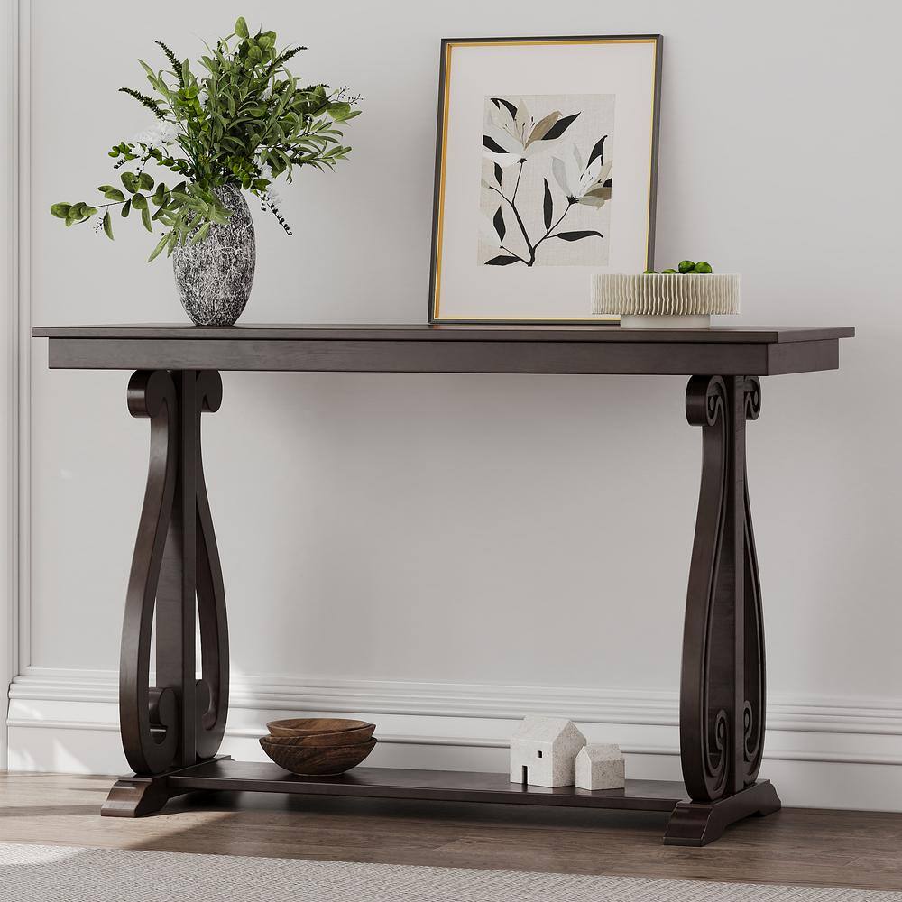 Qualler 48 in. Espresso Rectangle MDF Console Table with Curved Legs ...