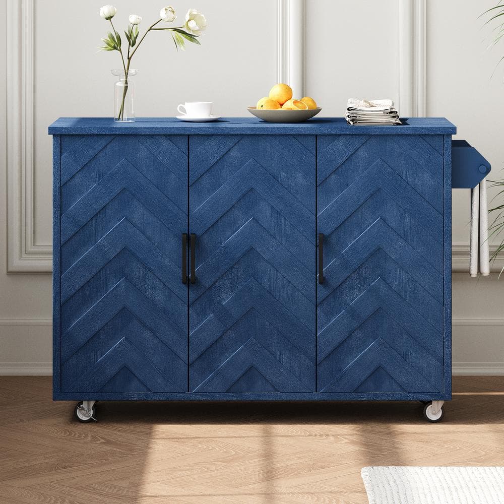 YANTENG LLC 51 in. Navy Blue 3D Wave Stripes Ash Veneer Kitchen Cart ...