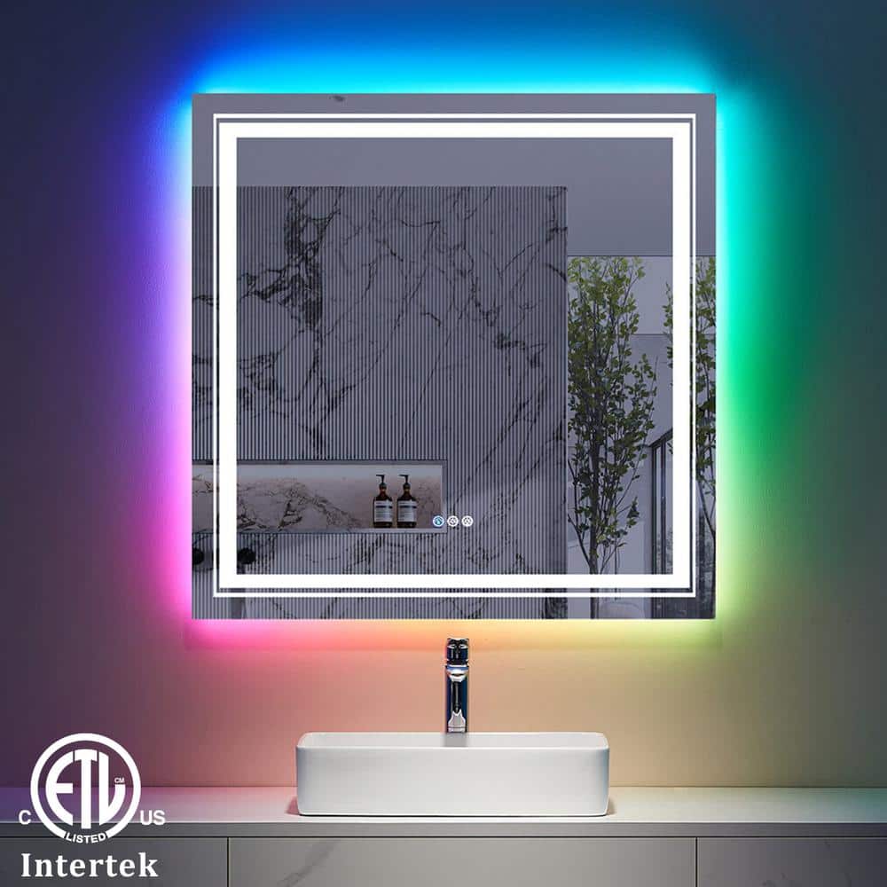 Apmir 36 in. W x 36 in. H Square Frameless RGB Backlit & LED Frontlit Anti-Fog Tempered Glass ...