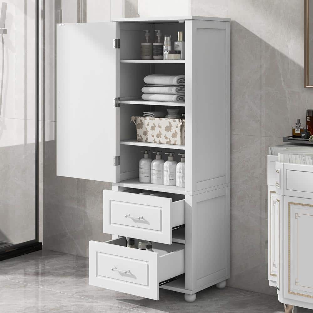 J&E Home White Wood Tall Bathroom Storage Cabinet with 2-Drawers and ...