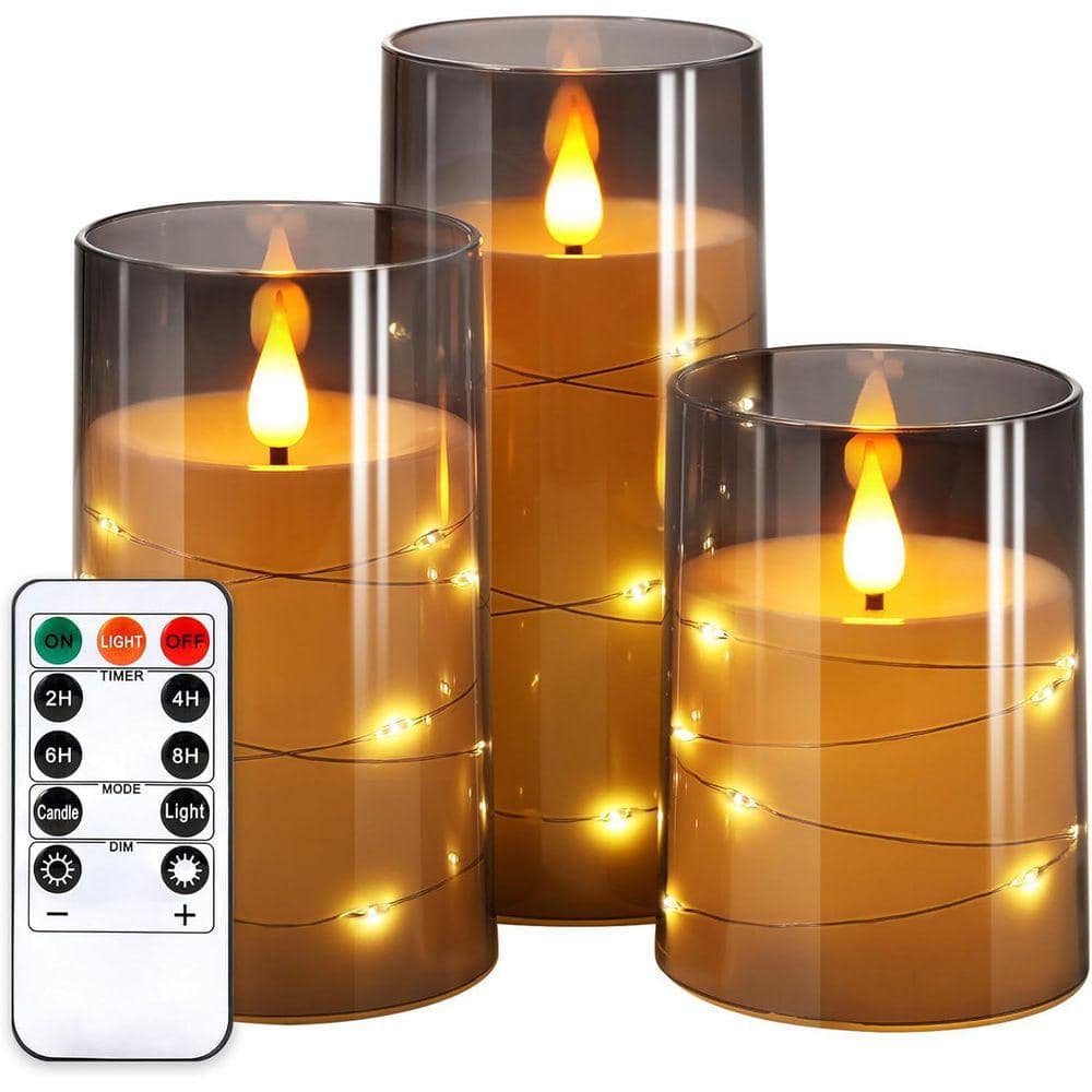 Flickering Flameless Candles Battery Operated LED Pillar Candles Gray 3 ...