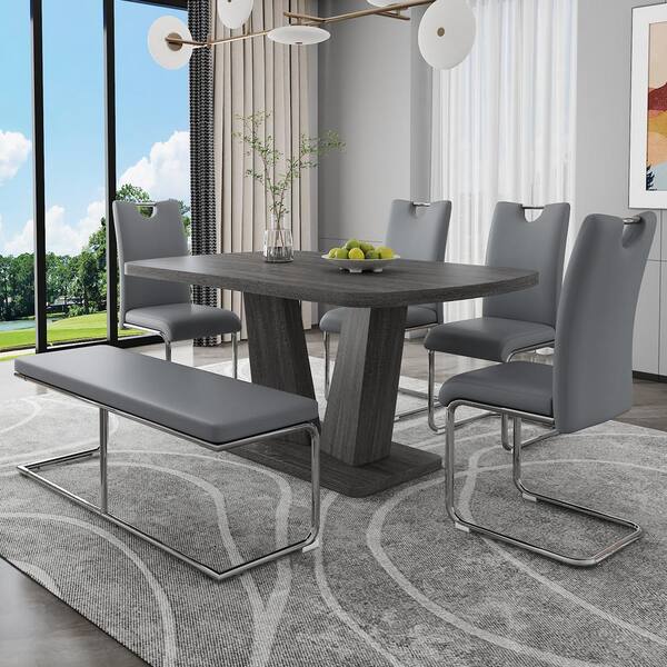 Harper Bright Designs Modern 6 Piece Gray MDF Top Dining Table Set Seats 6 with 4 PU Leather Ergonomic Dining Chairs 1 Bench AQQ027AAG The Home Depot