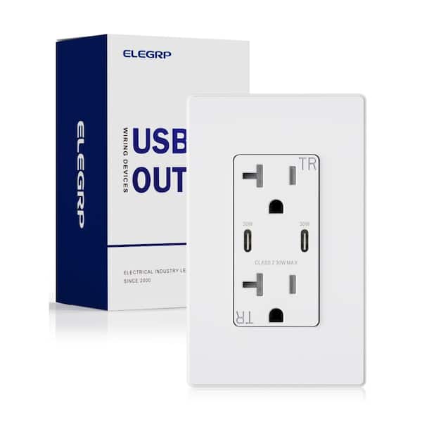 ELEGRP 30-Watt Dual Type C USB Duplex Wall Outlet for PD and QC, 20 Amp ...