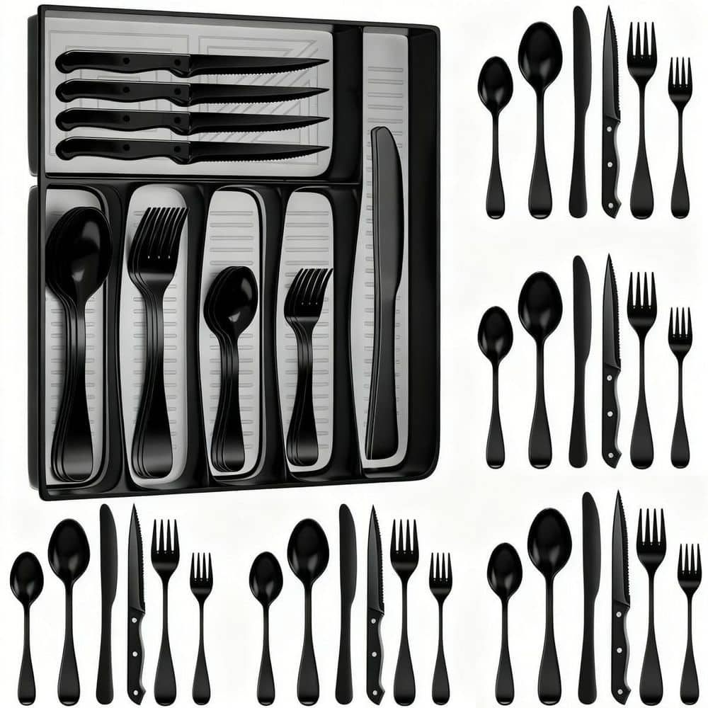 Numhew 49-Piece Black Stainless Steel Flatware Serving (Set for 8) with ...