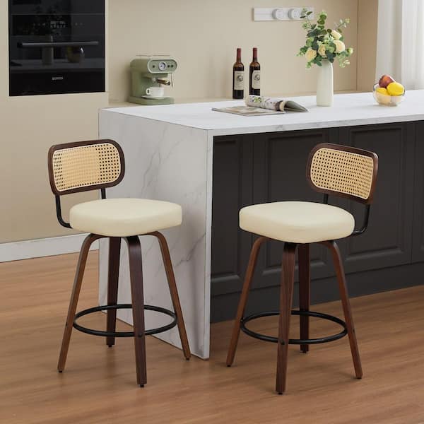 Noble House Charis 35.43 in. H Beige + Walnut Wood Frame Swivel Bar ...