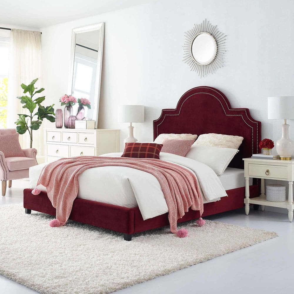 MODWAY Primrose Red Blue Wood Frame Queen Platform Bed With Nailhead ...