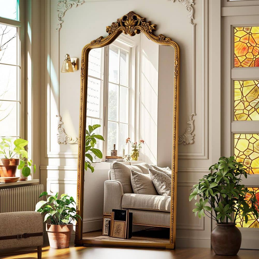 XRAMFY Antique Gold 32 in. W x 71 in. H Arched PU Frame with Ornate ...