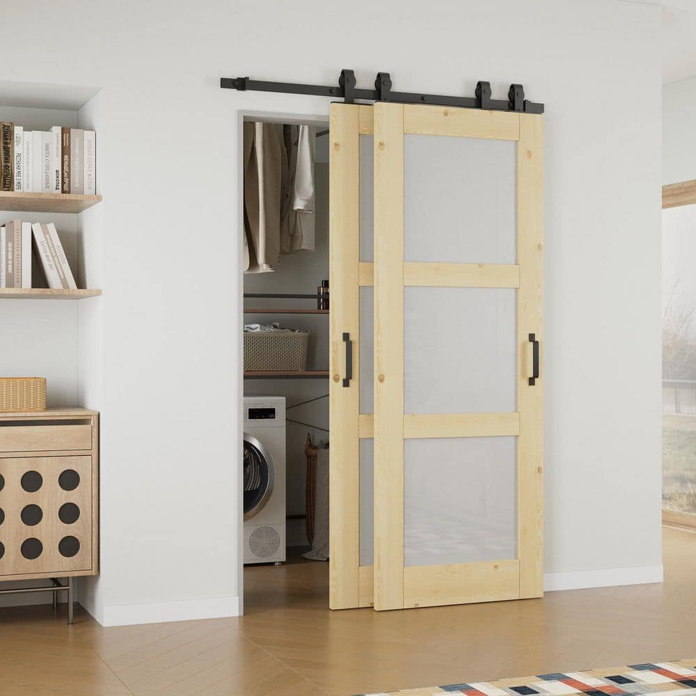 ARK DESIGN 52 in. x 80 in. 3-Lite Frosted Glass Unfinished Solid Core ...