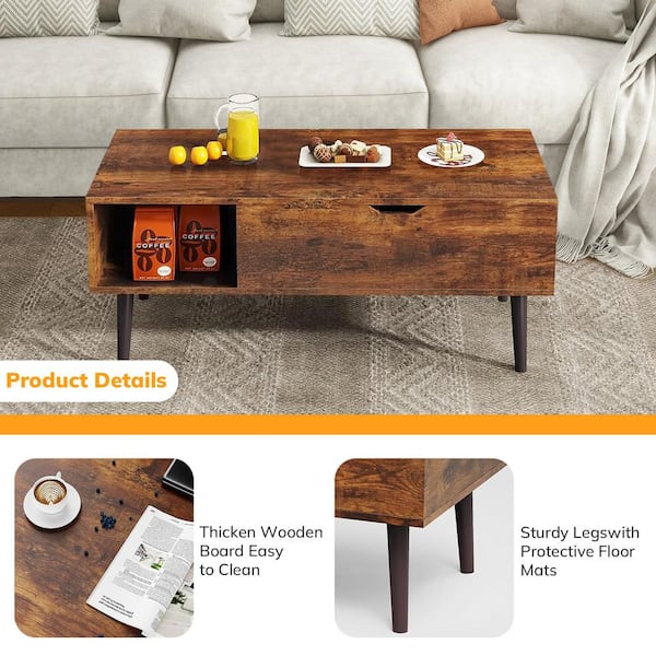 WONDER COMFORT Modern 39.37 in. Rust Brown Small Rectangle Wood Lift Top Coffee Table with Storage Shelf and Hidden Compartment TN CT001 RB The Home Depot