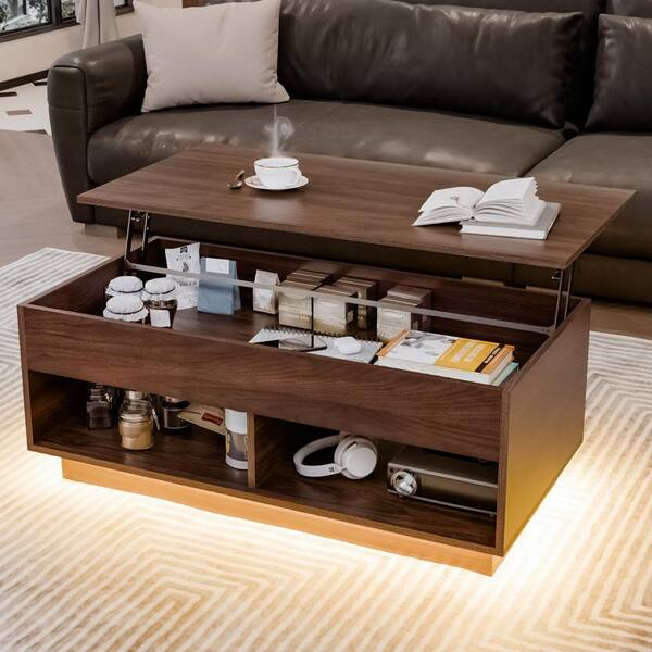 Hommpa 40.16 in. Walnut Rectangle Wood Lift Top Coffee Table with RGB ...