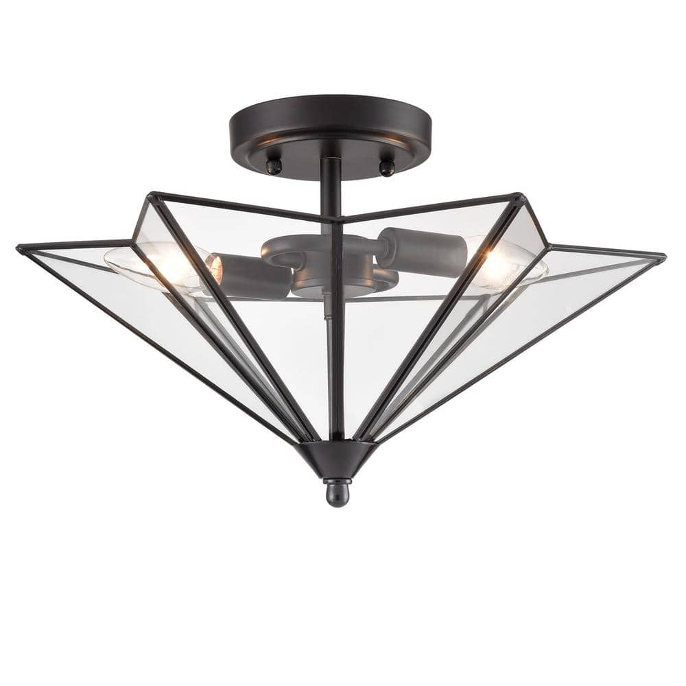 CLAXY 18.3 in. 2-Light Black Modern Semi-Flush Mount with Clear Glass ...