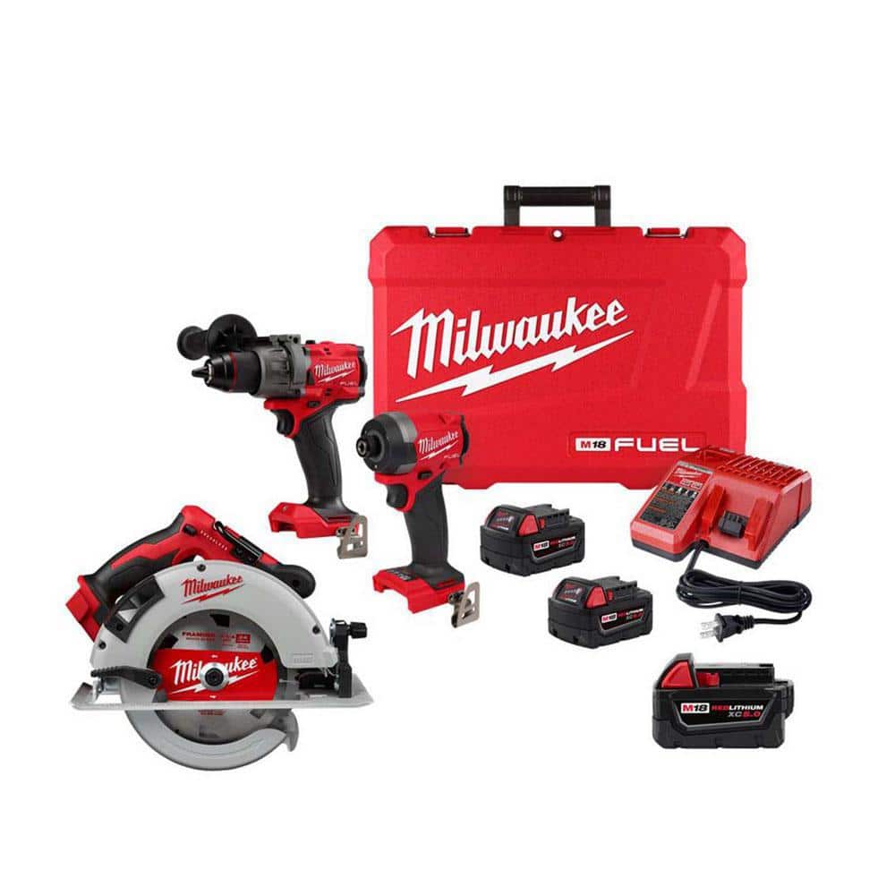 Milwaukee M18 FUEL 18V Lithium Ion Brushless Cordless Combo Kit w M18 7 1 4 in. Circular Saw 5.0ah Battery 3697 22 2631 20 48 11 1850 The Home Depot