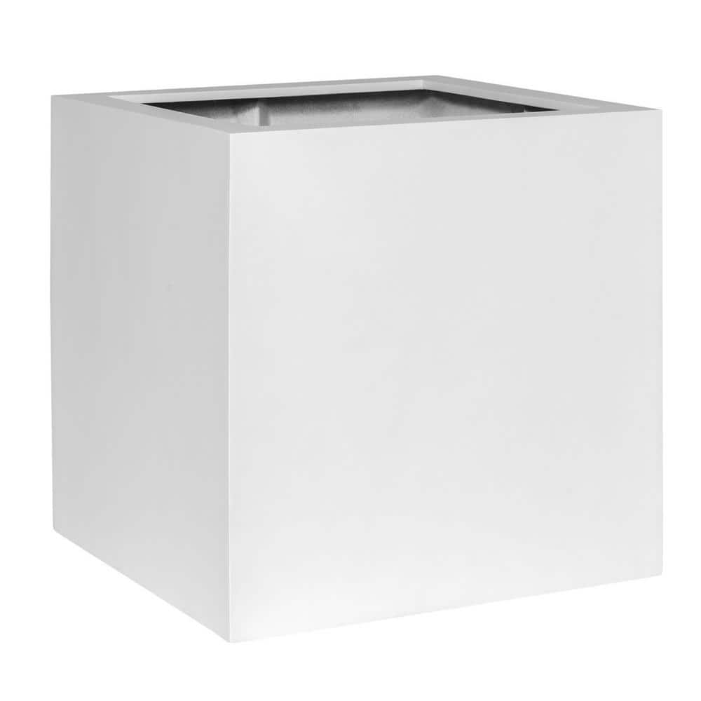 PotteryPots Block Small 12 in. Tall Mat White Fiberstone Indoor Outdoor ...