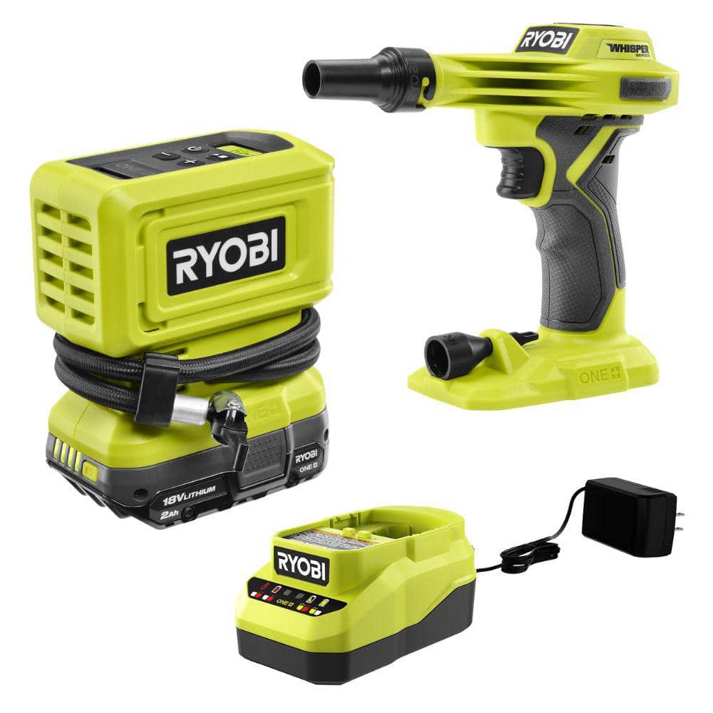 RYOBI ONE+ 18V High Pressure Inflator Kit with 2.0 Ah Battery, Charger, and Cordless High Volume ...