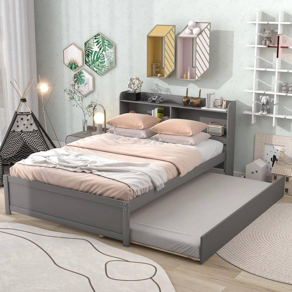 Harper & Bright Designs Gray Wood Frame Full Size Platform Bed with ...