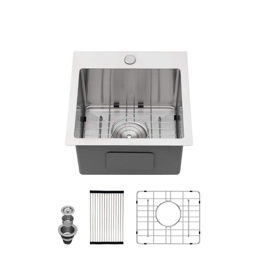 RAINLEX 15 in. L x 15 in. W Drop-In Single Bowl 16-Gauge Stainless Steel Kitchen Sink in Brushed ...