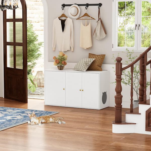 FUFU GAGA Cat House with Shoe Rack Litter Box Enclosure Cat Litter Box Furniture Hidden Cat Washroom Storage Bench White Y THD 180127 02 c The Home Depot