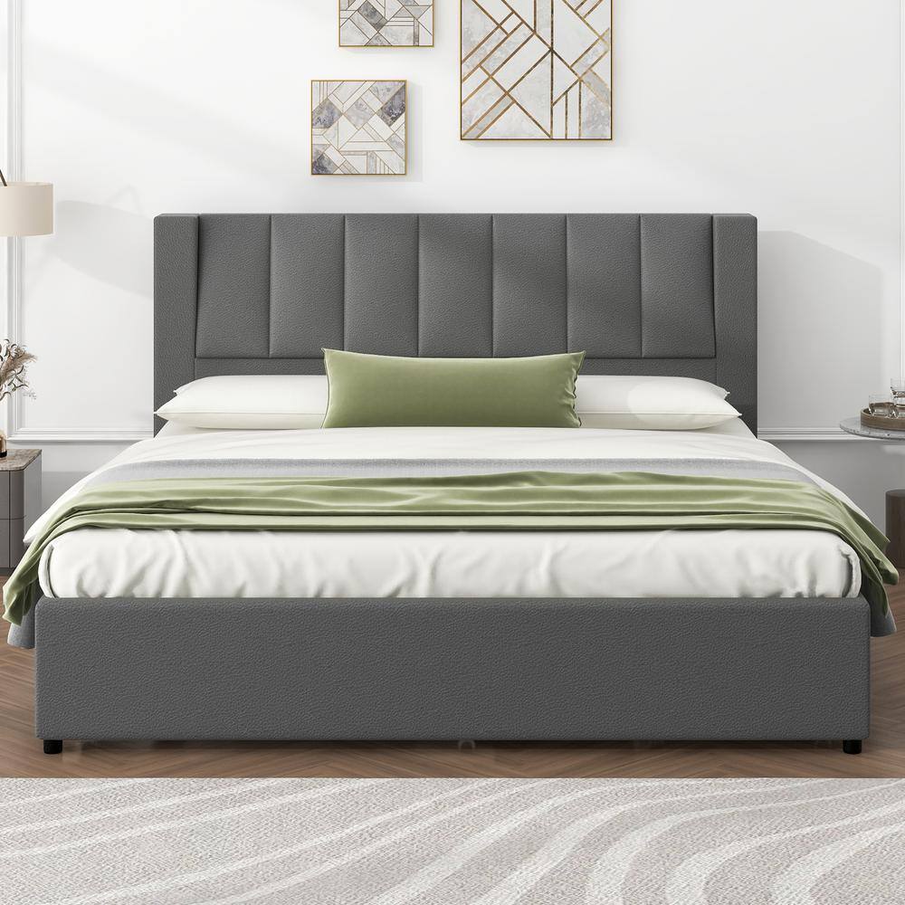 Qualler Gray Wood Frame King Size Platform Bed with Trundle and Storage ...