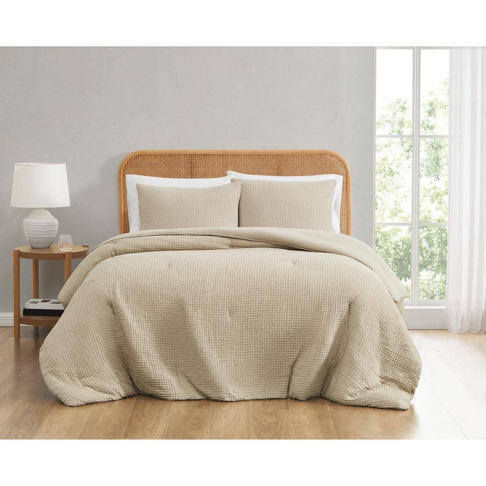 Truly Soft Textured Waffle Beige Full Queen 3-Piece Microfiber ...