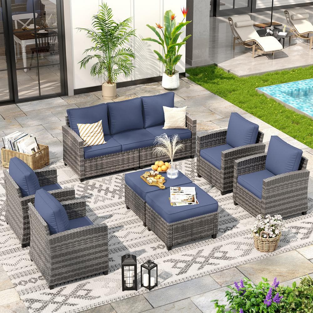 Poteban Gray Wicker 7-Person Outdoor Seating Group With Navy Blue ...
