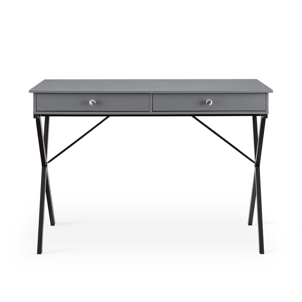 43.2 in. Retangular Gray Wood 2-Drawer Writing Desk with Black Stoving ...