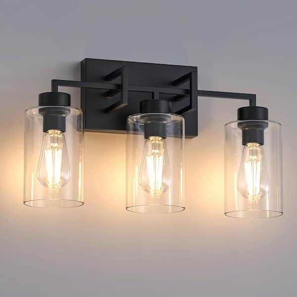 YANSUN 18 in. 3-Light Black Farmhouse Bathroom Vanity Light with Glass ...
