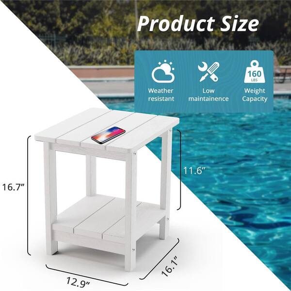 Dyiom White Outdoor Side Table Poly Plastic 2 Tier End Table Weather Resistant without Extension B09PKYPBKL