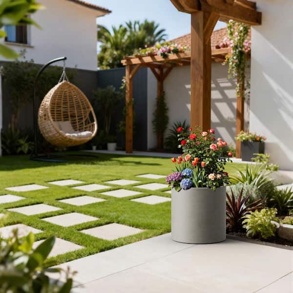 DurX-litecrete 12.5in.W x 12.5in.H Stone Gray Tall Round Concrete Plant Pot Large Cylindrical ...