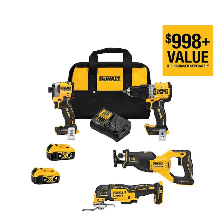 DEWALT 20V MAX Lithium-Ion Cordless Brushless 4 Tool Combo Kit with (2) 4.0Ah Batteries, Charger ...