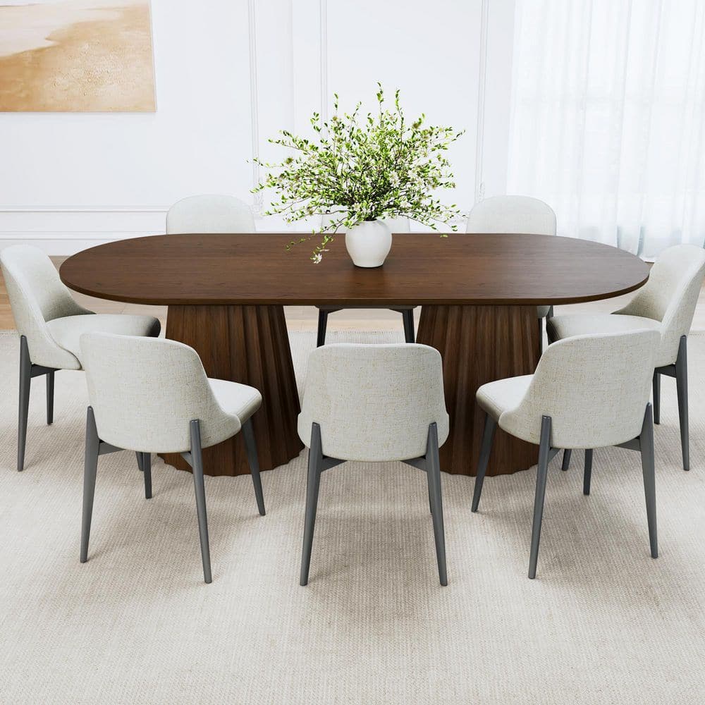 Lirago 9-Piece Walnut Oval Dining Table Set for 8, Double Pedestal Base ...