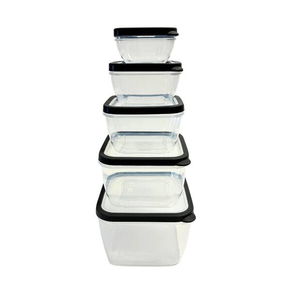 LEXI HOME Nested Square 10-Piece Airtight Plastic Food Storage Container Set in Black LB6394 ...