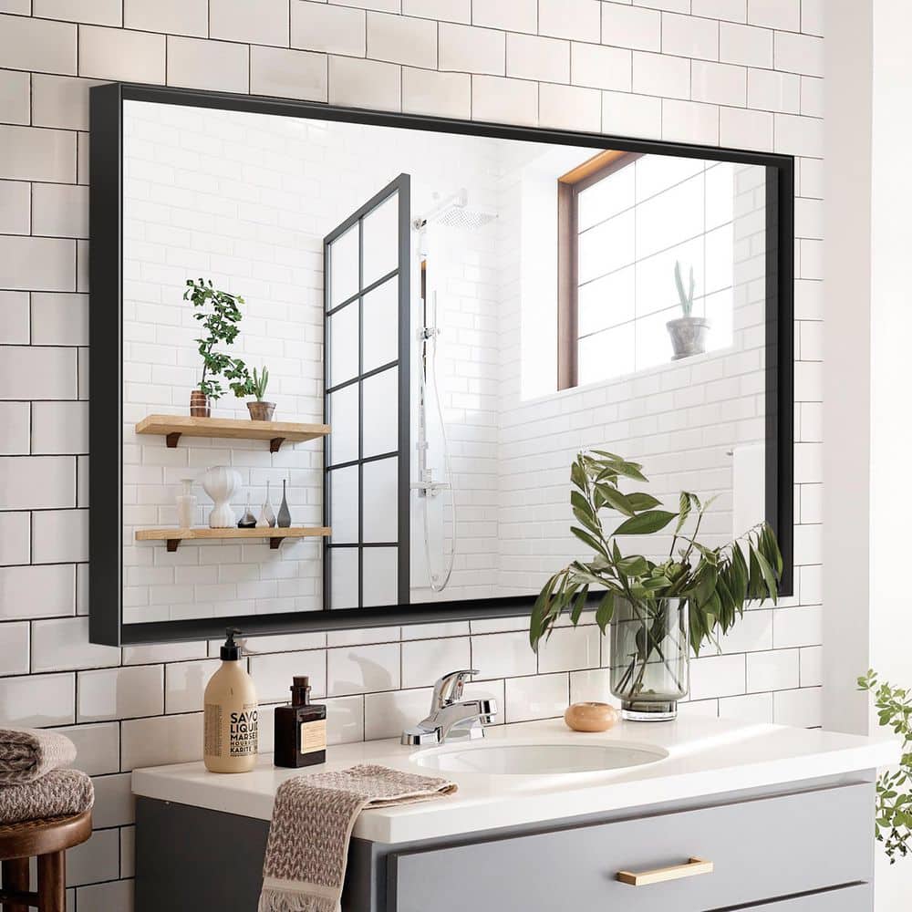 GOGEXX 40 in. W x 30 in. H Black Rectangle Bathroom Mirror with ...