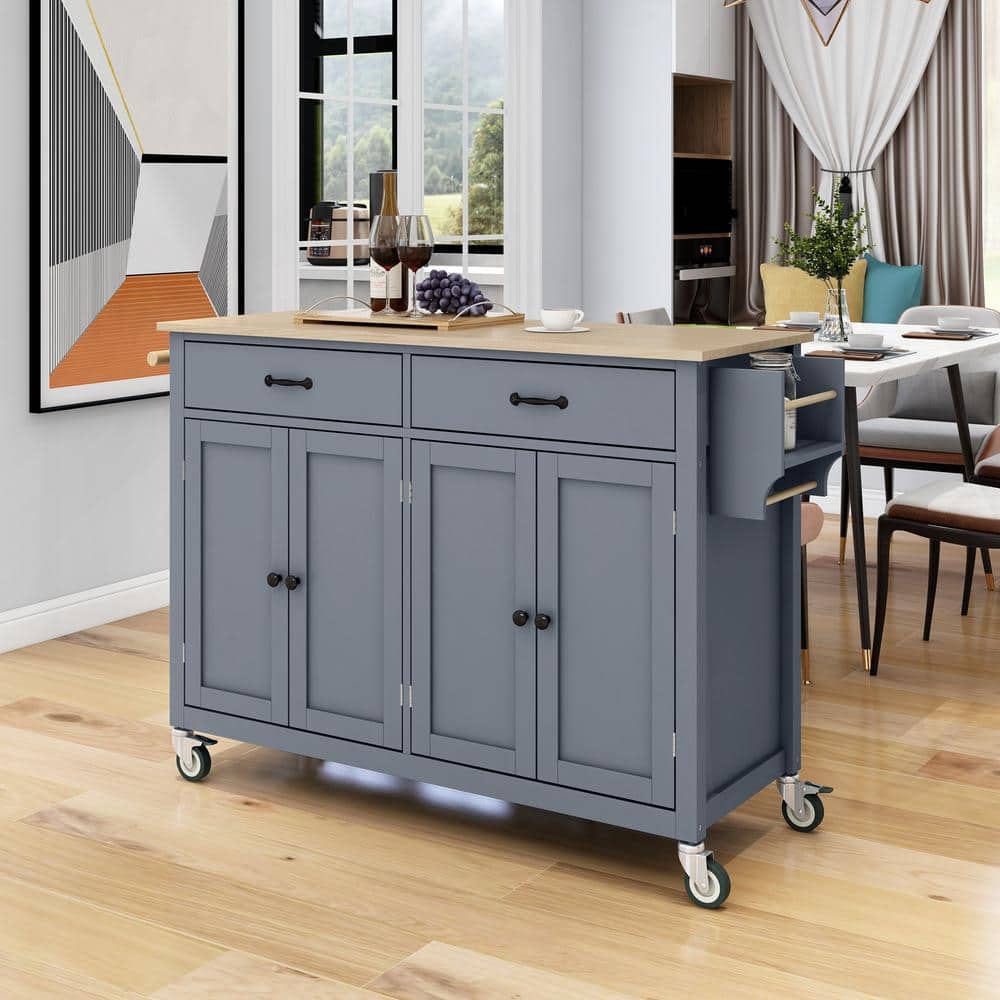 Xzkai Gray Blue Wood 54.3 in. Kitchen Island with Towel Rack Cai-KI-24 - The Home Depot