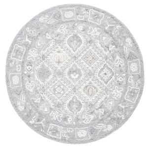 SAFAVIEH Micro-Loop Light Grey/Ivory 7 ft. x 7 ft. Medallion Border ...