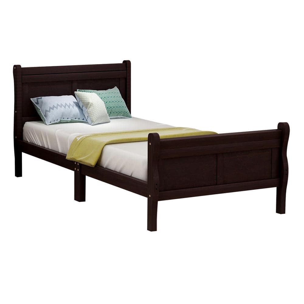 Polibi 41.30 in. W Espresso Twin Solid Wood Sleigh Bed with Headboard ...