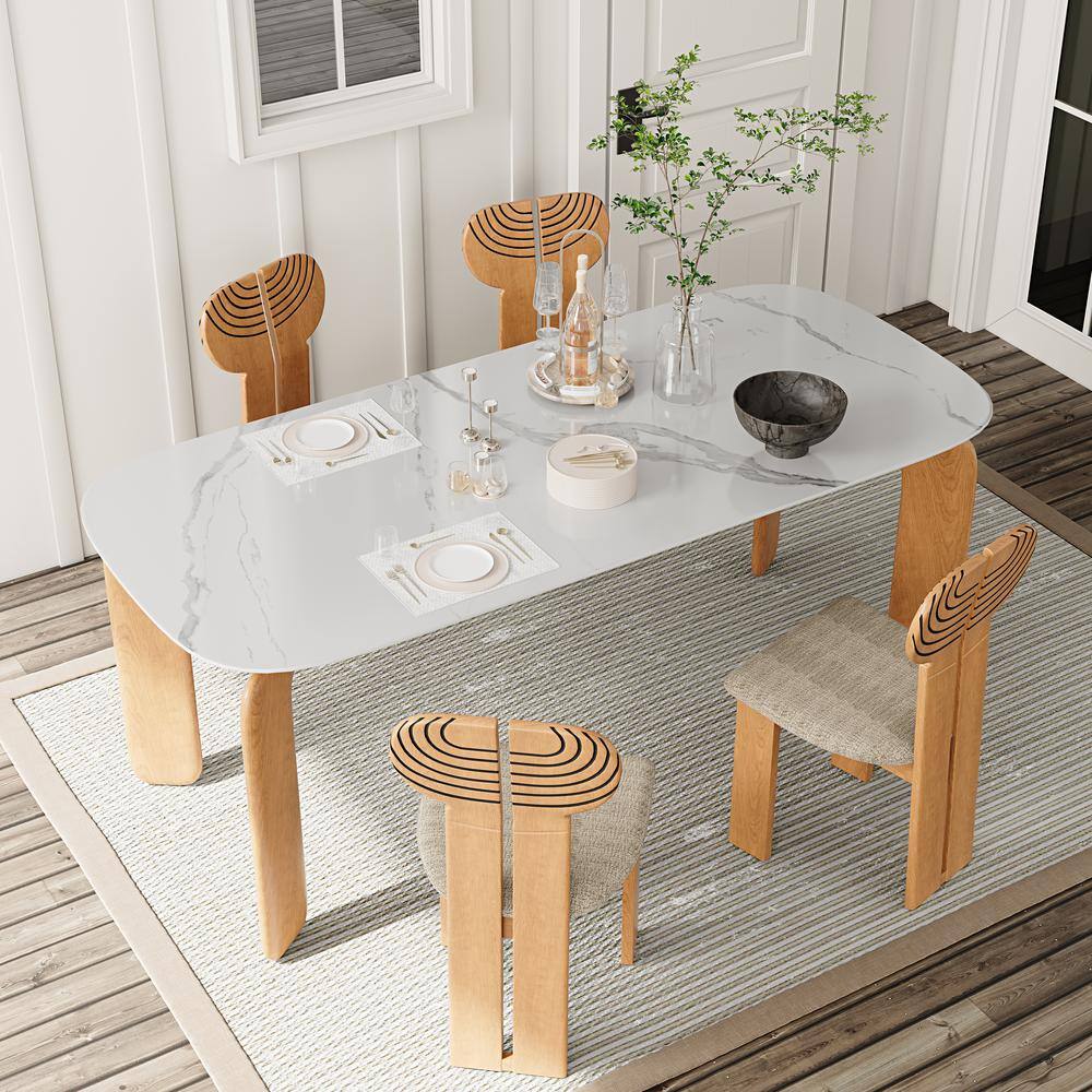 Monland Modern Oval White Composite Rock Stone Top 62.99 in. Original Wood Color Ash Solid Wood ...