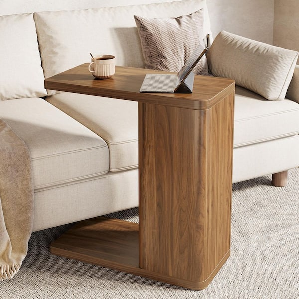 BYBLIGHT Kerlin 24 in. Brown C-Shaped Wood End Table, Small Sofa Side Table for Couch, 2-Tier ...