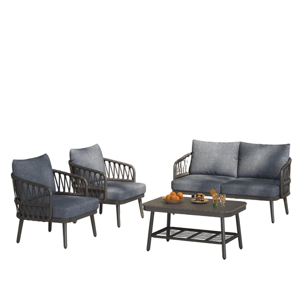 Black 4-Piece Metal Outdoor Conversation Set with Gray Cushions, Coffee ...