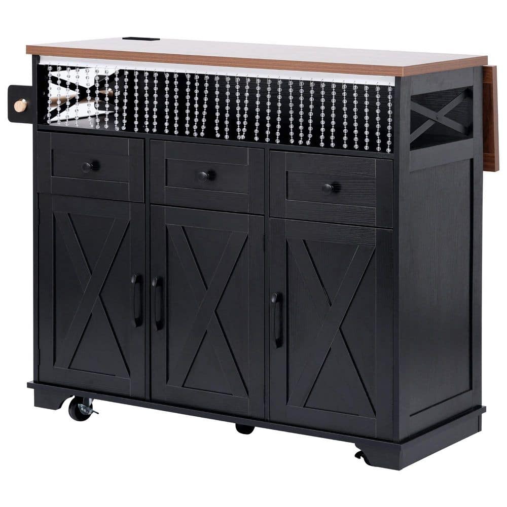Staykiwi Black Rubber Wood Kitchen Cart with Drape of Beads, Power ...