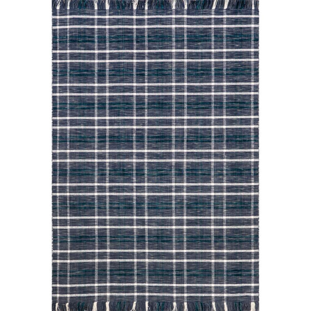 nuLOOM Loretta Plaid Wool Fringe Area Rug Blue Doormat 2 ft. x 3 ft ...